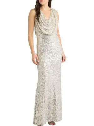Eliza J Sequined Cowl Neck Maxi Gown - Silver