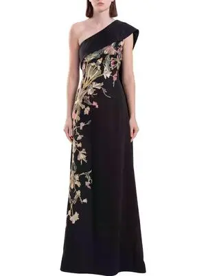SAIID KOBEISY Saiid Kobeisy One-Shoulder Floral-Embroidered Evening Dress Black