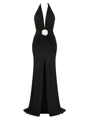ROSERRY Halterneck Maxi Dress With Flower Appliqué And Front Slit - Black