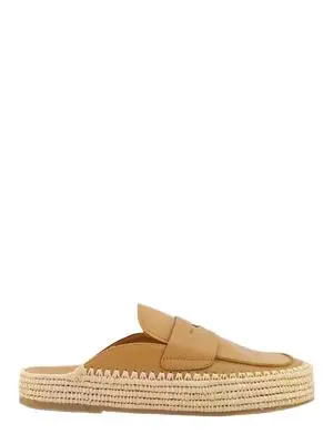 PALOMA BARCELO Paloma Barceló Belinda Calidis Leather Raffia Flat Mules Neutrals