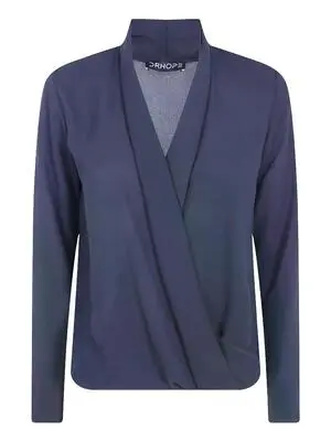 DRHOPE Wrap-style Long-sleeve Blouse - Blue