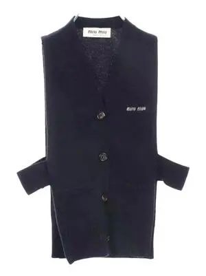 MIU MIU Miu Miu Navy Blue Cashmere Embroidered Logo V-Neck Waistcoat