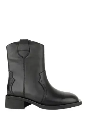 LINDA BAUMANN Leather Round Toe Block Heel Boots - Black