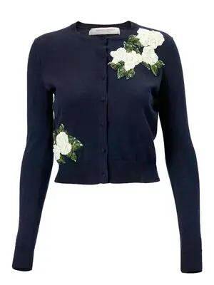Carolina Herrera Floral-embroidered Sequin-embellished Cardigan - Blue