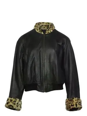 Giorgio Armani Leopard-trim Leather Bomber Jacket - Black