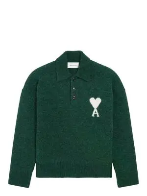 AMI Paris Alpaca Wool Polo With De Coeur Intarsia - Green