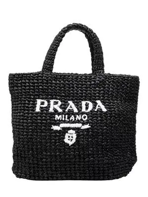 PRADA 2013-2026 Small Raffia Effect Crochet Embroidered Logo Tote Bag
