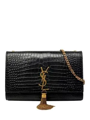 Saint Laurent Medium Croc Embossed Patent Monogram Kate Tassel Crossbody Bag - Black