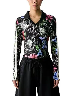 Adidas Floral-print Long-sleeve Bodysuit With Signature Side Stripes - Black