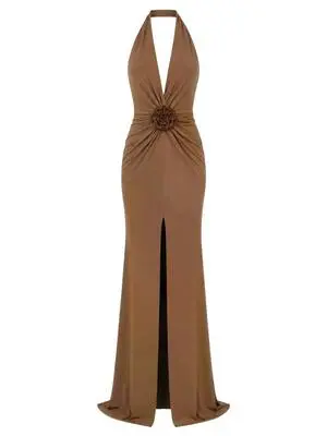 ROSERRY Mallorca Floral-detail Halterneck Gown - Brown