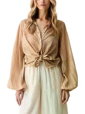 HAVEONE Balloon-sleeve Tie-front Blouse - Neutrals