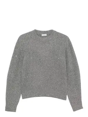 Brunello Cucinelli Sequin Embellished Ribbed Knit Crewneck Sweater - Grey