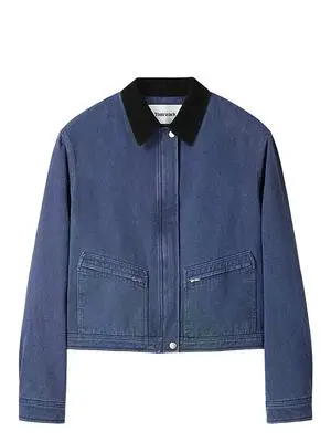 TONYWACK Corduroy Collar Cropped Denim Jacket - Blue