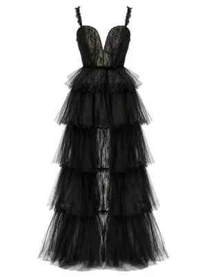 AKNVAS Tiered Lace-overlay Gown - Black