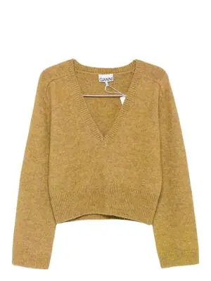 GANNI Ribbed-trim V-neck Sweater - Yellow