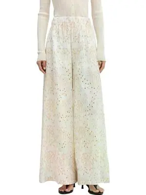 VICOLO Broderie Anglaise Wide Leg Palazzo Pants - White