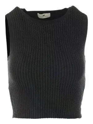 Elisabetta Franchi Ribbed Logo Patch Cropped Top - Black