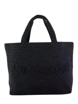 Saint Laurent Logo Supple Embroidered Raffia Tote Bag - Black