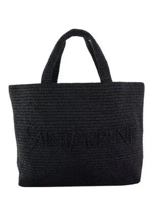 Saint Laurent Logo Supple Embroidered Raffia Tote Bag - Black