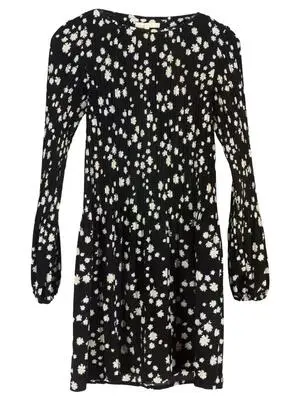 Maje Rockiz Pleated Daisy-print Dress With Long Sleeves - Black