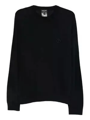 Giorgio Armani Virgin Wool Embroidered Logo Sweater - Blue