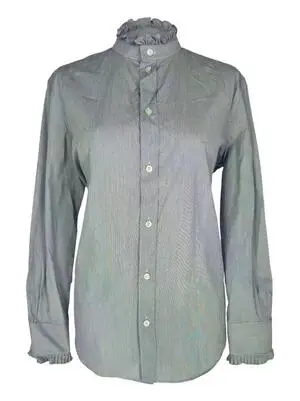 Celine Ruffled Neckline Striped Blouse - Blue