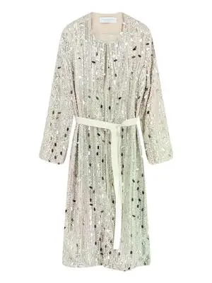 DE SANTIS Sequin-embellished Belted Coat - Silver