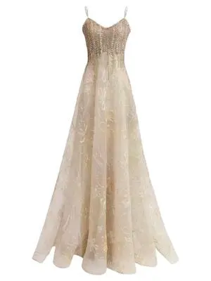 GEMY MAALOUF Embroidered Tulle Maxi Dress - Neutrals