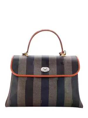 FENDI Fendi Convertible Pequin Top Handle Coated Canvas With Leather Medium Tote Bag