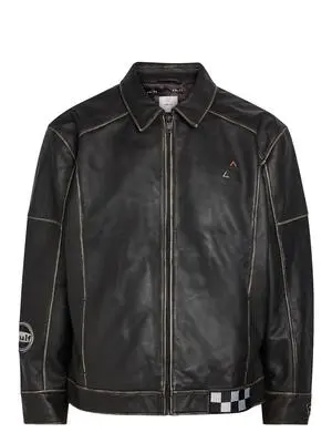 AN-Y1 Track Embroidered Leather Biker Jacket - Black