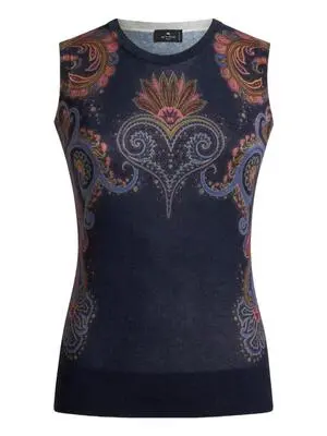 Etro Sleeveless Silk And Cashmere Top With Placed Paisley Print - Black