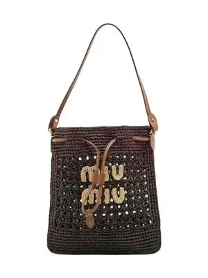 Miu Miu Mini Raffia Logo Drawstring Handbag - Brown