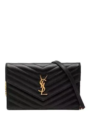 Saint Laurent Grain De Poudre Chevron Cassandre Envelope Chain Wallet Crossbody Bag - Black