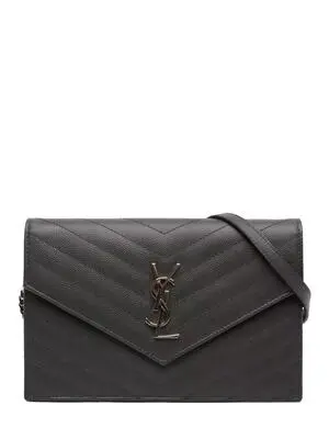 Saint Laurent Grain De Poudre Chevron Cassandre Envelope Chain Wallet Crossbody Bag - Grey