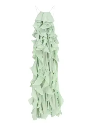 ACTUALEE Sleeveless Halter Neck Maxi Dress With Ruffled Detail - Green
