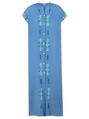 KARMA ON THE ROCKS Yuhin Embroidered Linen Button Maxi Dress - Blue
