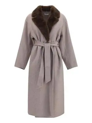 P.a.r.o.s.h Wool Coat With Fur Collar And Belt - Beige