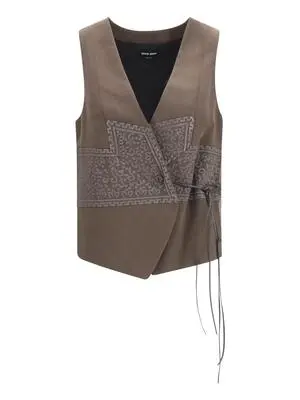 Giorgio Armani Vest In Washed Silk And Virgin Wool With Jacquard Pattern And Ties - Brown