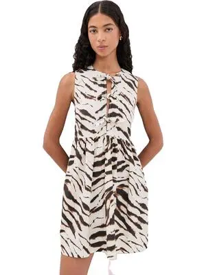 GANNI Washed Stretch Cotton Mini Dress With Bow Tie Detail - Egret