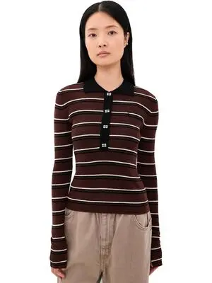 GANNI Striped Ribbed Merino Wool Polo With Embroidered Logo - Multicolour