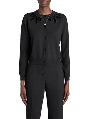 Valentino Garavani Embroidered Bow Appliqué Virgin Wool Cardigan - Black