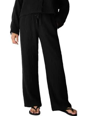 Eileen Fisher Crinkled Stretch Organic Cotton Drawstring Wide Leg Pants - Black