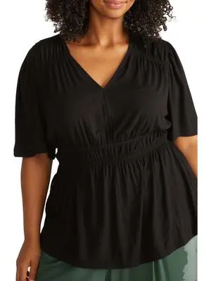 Universal Standard Universal Standard Liquid Jersey Peplum Top With V-Neck And Elbow-Length Sleeves Black