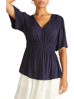 Universal Standard Universal Standard Liquid Jersey Peplum Top With V-Neck And Elbow-Length Sleeves Midnight
