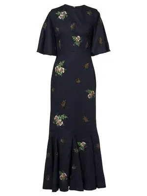 Agua Bendita Anhelo" Floral Linen Maxi Dress - Blue