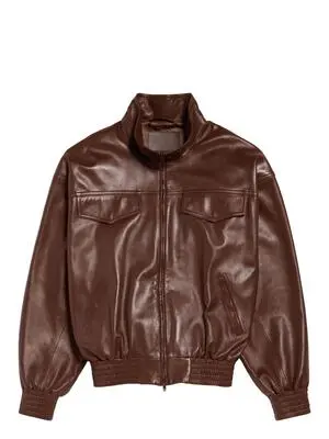 Balenciaga High Collar Bomber In Smooth Light Lambskin - Brown