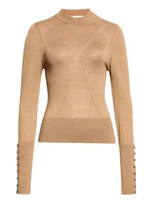 Rabanne Wool & Silk Crewneck Sweater With Button Detail - Camel