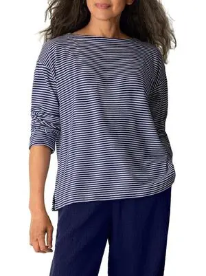 Eileen Fisher Striped Organic Cotton Bateau Neck Boxy Top - Infinity