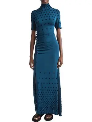 Rabanne Flocked Dot Cutout Jersey Gown - Deep Lake