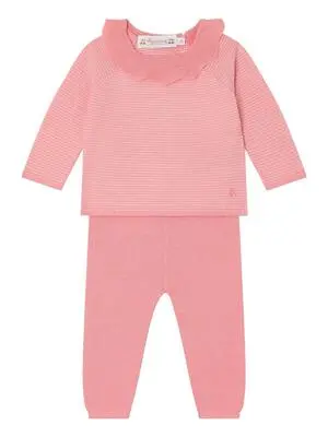Bonpoint Cotton Sweater And Trousers Set With Ruffle Collar - Pink